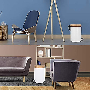 Small Bathroom Trash can with Pedal,Eco Friendly Bamboo lid Soft Close,0.8 Gal/3L .White Steel with Removable Inner bin.Strong &Anti Skid Pedal.Color Box.Unique & Boutique Style