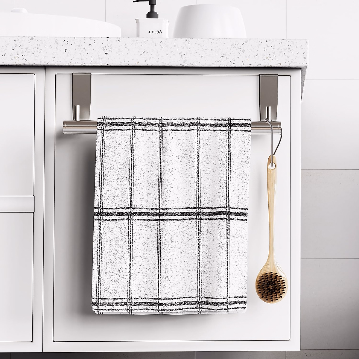 VEHHE Kitchen Towel Holder 2-Piece, 2 Hooks, EVA Foam Protective Mats, 9-Inch Stainless Steel Over The Door Towel Rack (Silver)