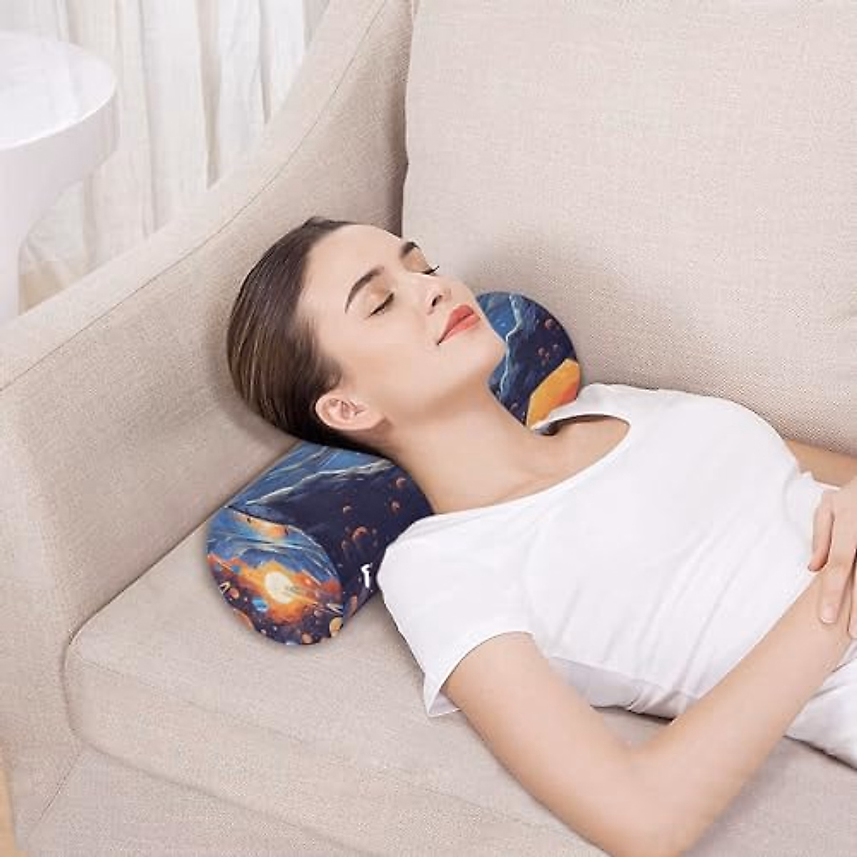 xigua Cartoon Space Neck Roll Pillow for Neck Relief with Removable Washable Cover - Memory Foam Round Cylinder Bolster, Ergonomically Designed for Head, Neck, Back, and Legs