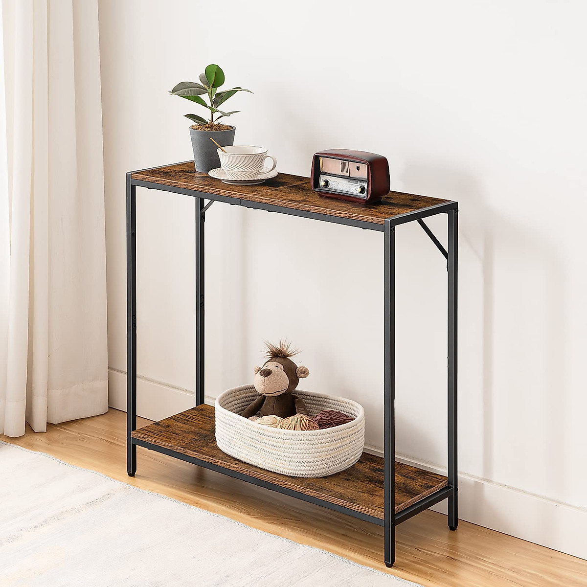 MAHANCRIS Console Table, 2-Tier Entrance Table, Behind Sofa Table, Industrial Style, Sturdy and Stable, for Living Room, Entryway, Foyer, Corridor, Office, Rustic Brown and Black CTHR27601