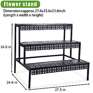 aboxoo 3 Tier Stair Style Large Metal Plant Stand, Garden Display Shelf Flower Pot Holder Storage Organizer Rack for Indoor Home Outdoor Patio Balcony Yard( Black, Rectangle)