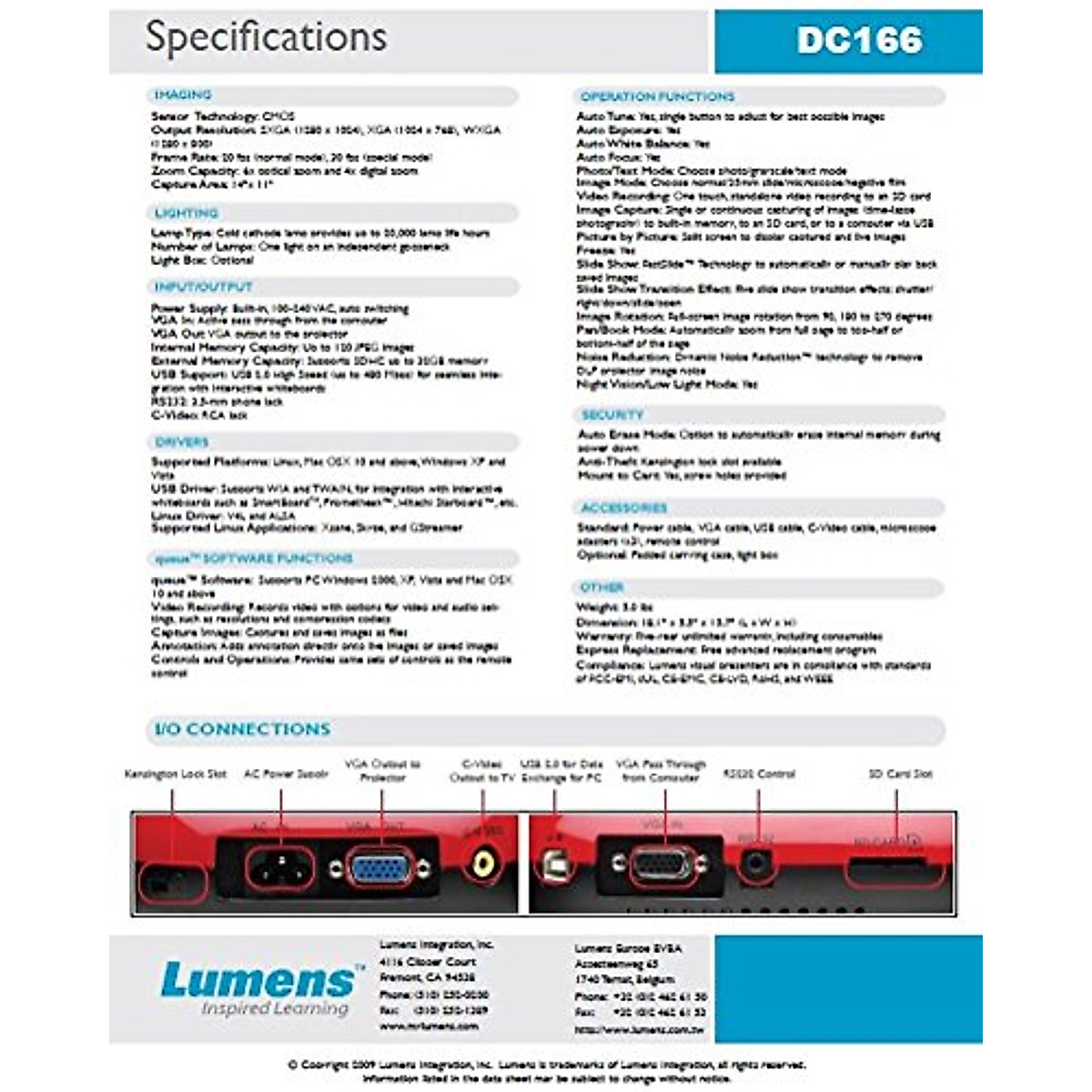 Lumens DC166 Ladibug SXGA XGA WXGA 6x Optical 8x Digital 20fps Document Camera
