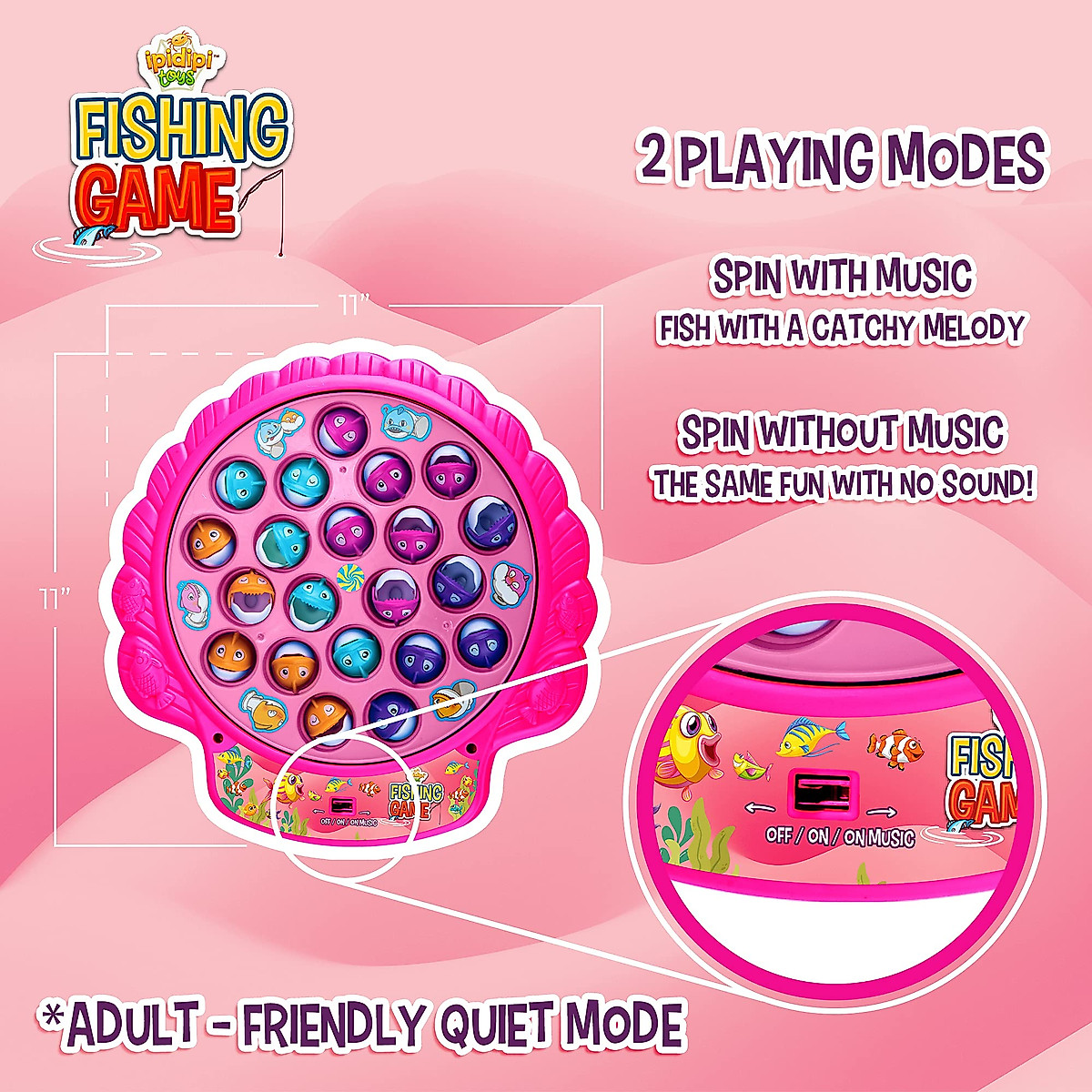 Fishing Game Play Set - 21 Fish, 4 Poles, & Rotating Board w/On-Off Music - Family Children Backyard Pink Toy Games for Kids and Toddlers Age 3 4 5 6 7 Girls and Up