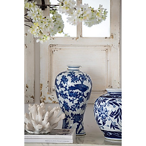 A&B Home 13'' Blue White Porcelain Jar Flower Planter Pot Home Decor Vase Hand Painted Floral Print Tall Vase Asian Decorations