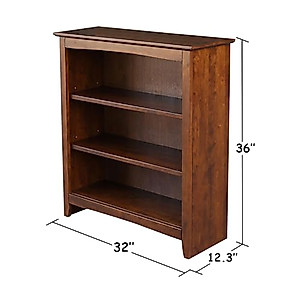 IC International Concepts Shaker Bookcase 36" H Solid Sturdy Real Parawood Furniture, Eco-Friendly, Three Adjustable Shelves, 36 Inch, Espresso