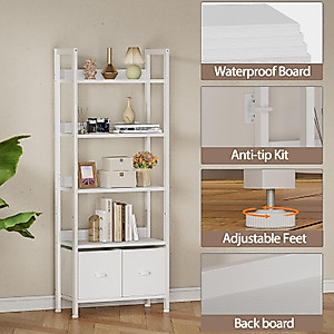 Furologee 5 Tier Bookshelf with Drawers, White Tall Bookcase with Shelves, Wood and Metal Bookshelves Storage Organizer, Modern Display Free Standing Shelf Unit for Bedroom, Living Room, Office