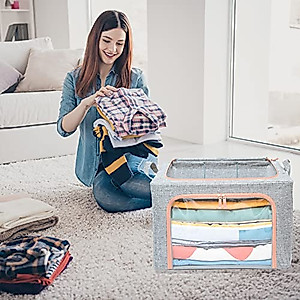 Tasmegol 2 Pack 66L Linen Fabric Clothes Storage Organizer Bins with 3 Opening Stackable Steel Frame Clothing Closet Containers Bags Foldable Clear Window Cloth Box for Sweater Bedding (Grey)