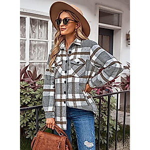 GRAPENT Women's Casual Oversized Boyfriend Plaid Button Down Long Sleeve Shirt Quilted Lined Flannel Shacket Jacket Coat Outerwear Grey Plaid Size Large Size 12 Size 14
