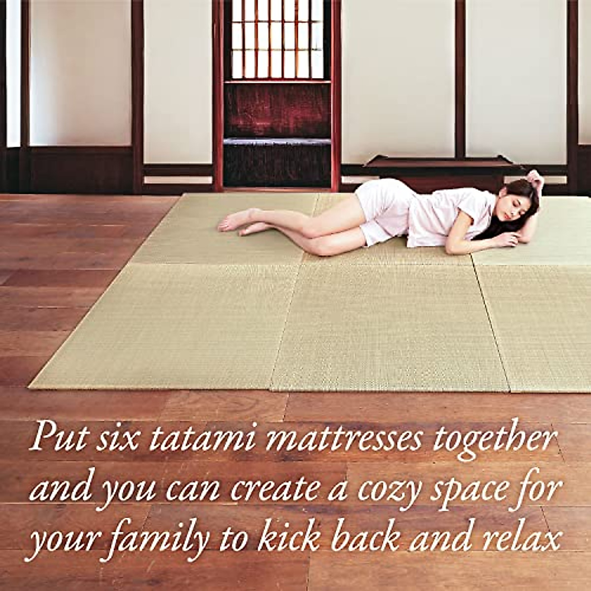 MIINA Tatami Mat Set - Finely Woven Igusa Grass, Japanese futon Mattress, Floor Mattress, Non-Slip, 32x32 Inch (Natural, 6pieces)