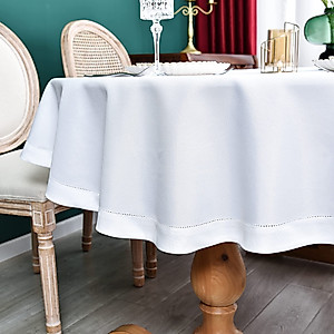 NEWISHER Farmhouse Oval Hemstitch Border Tablecloth Neutral Faux Linen Table Cloth Rustic Solid White Table Cover for Dining Kitchen Party Holiday Home 60x84 Inch