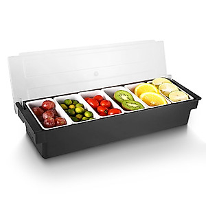 WICHEMI Fruit, Veggie & Condiment Caddy with Lid Dispenser Tray Plastic Garnish Station for Bartending & Serving Taco, Ice Cream, Salad Bar - Topping Organizer for Restaurant Supplies (6 Compartment)