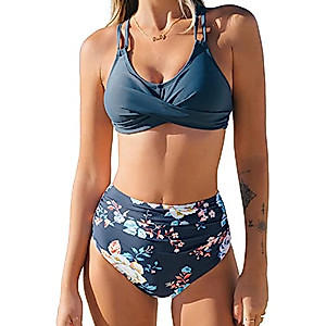 CUPSHE Women Bikini Set High Waisted Bikini Bottom Floral Tummy Control U Neck Double Straps Crisscross Back M