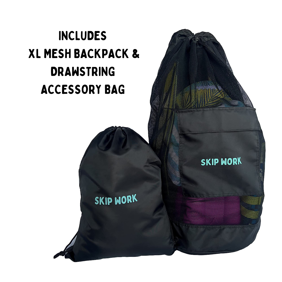 Skip Work Extra Large Mesh Beach Bag with Drawstring Accessory Bag – Multipurpose Beach Tote Bag with Zipper and Pockets for Keeping All Essentials Handy – Black