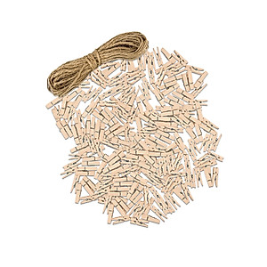 KTOJOY Mini Wooden Clothes Pins, 100 Pack, 1.4 Inch, Mini Natural Birchwood ClothesPins with 33 FT Jute Twine, Heavy Duty Moisture Resistant Clothes Pegs for Craft, Pictures, Arts, Cocktails