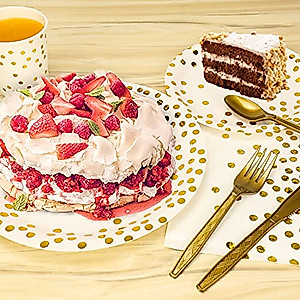 176 Pieces Gold Disposable Party Dinnerware Set &Golden Dot Disposable Party Dinnerware - Black Paper Plates Napkins Cups, Gold Plastic Forks Knives Spoons