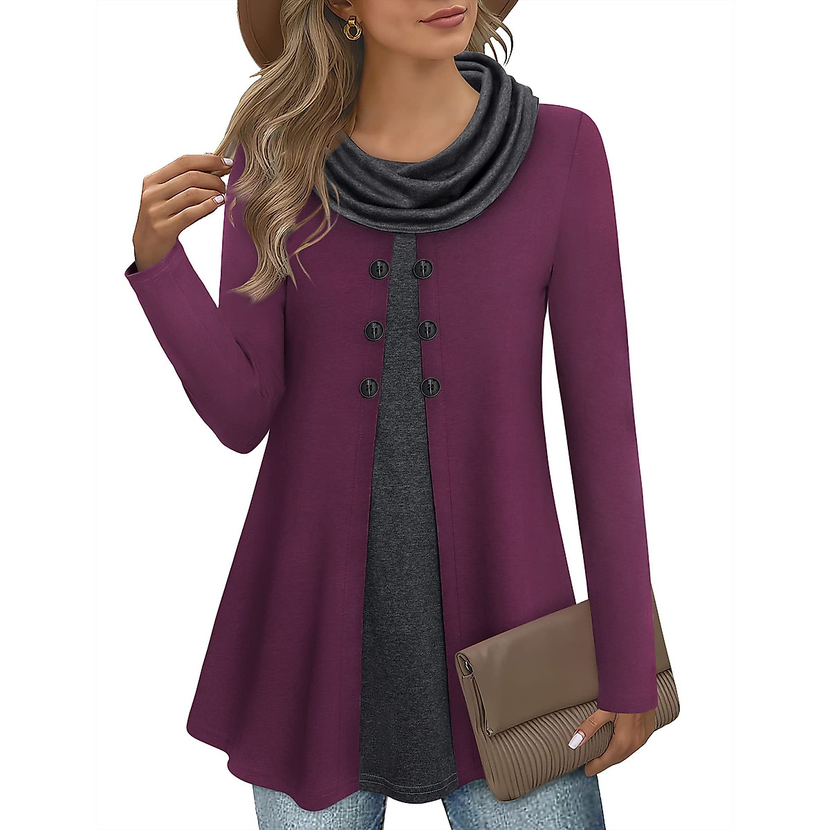 Bebonnie Fall Tops for Women 2025 Trendy,Petite Long Sleeve Cowl Neck Warm Splicing Tunic Tops with Buttons Magenta Grey Small