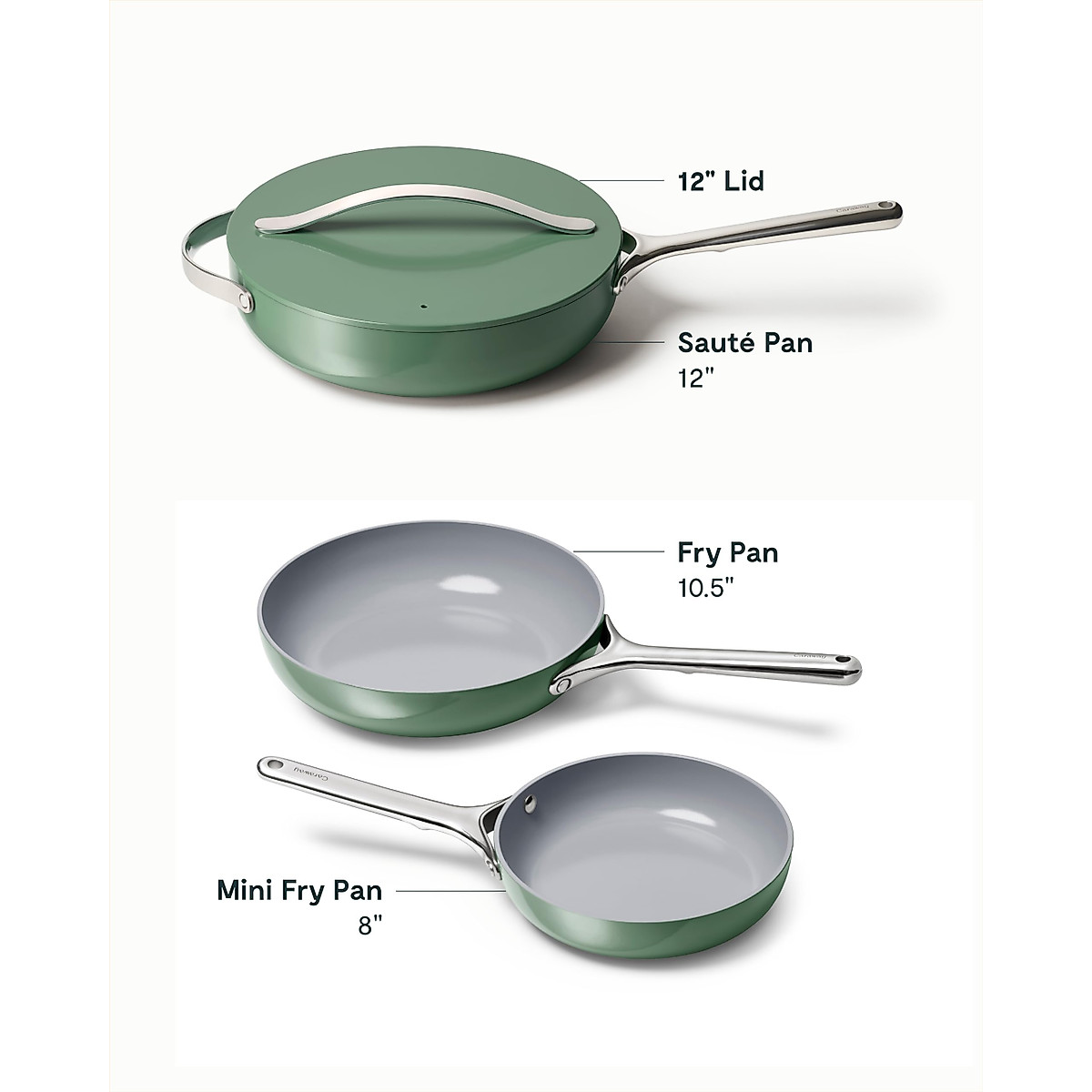 Caraway Fry Pan Trio - Non-Stick Frying Pans (10.5” & 8”) & Non-Stick Saute Pan - Non Toxic, PTFE & PFOA Free - Oven Safe & Compatible with All Stovetops (Gas, Electric & Induction) - Sage