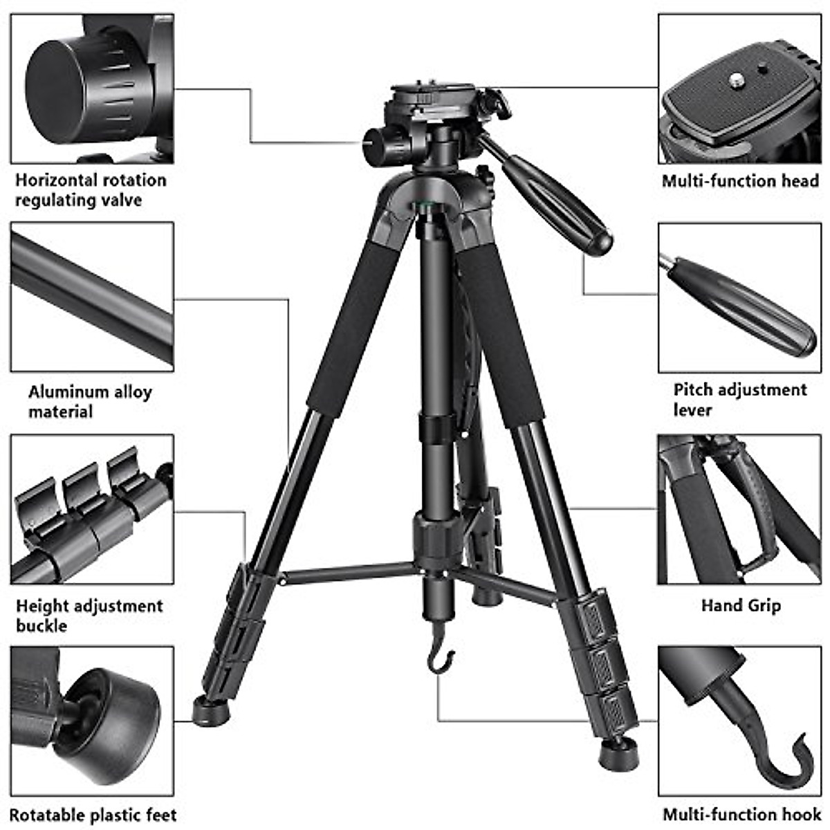 NEEWER Portable Aluminum Alloy Camera 2 in 1 Tripod Monopod Max. 70"/177cm with 3 Way Swivel Pan Head and Carrying Bag for DSLR, DV Video Camcorder (SAB264, Black)
