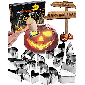 JUSTOTRY Pumpkin Carving Kit with Hammer Safe for kids, Halloween Pumpkin Carving Tools, Durable Stainless Steel Non-knife Pumpkin Carving Stencils, Pumpkin Carving Set for Adults, 16 PCS