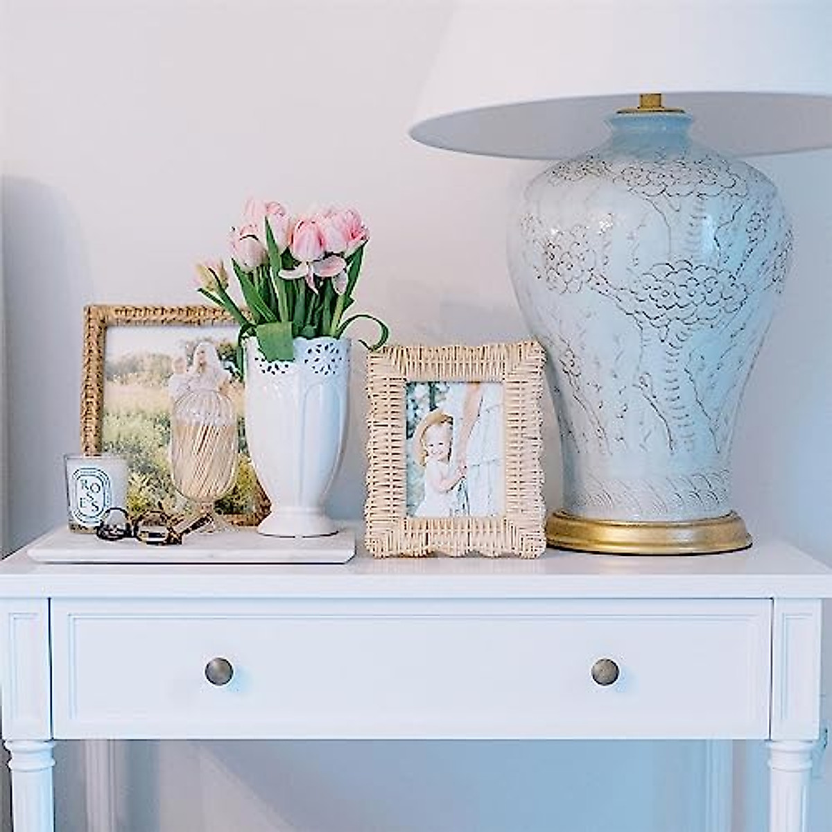 Two's Company 2-Piece 4" x 6" and 5" x 7" Rattan Photo Frame Set, Hand Woven Wicker Weave Natural Wood Rustic Boho Decor Frames