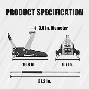 Torin TAM815016L Hydraulic Low Profile Aluminum and Steel Racing Floor Jack with Dual Piston Quick Lift Pump, 1.5 Ton (3,000 lb) Capacity, Black