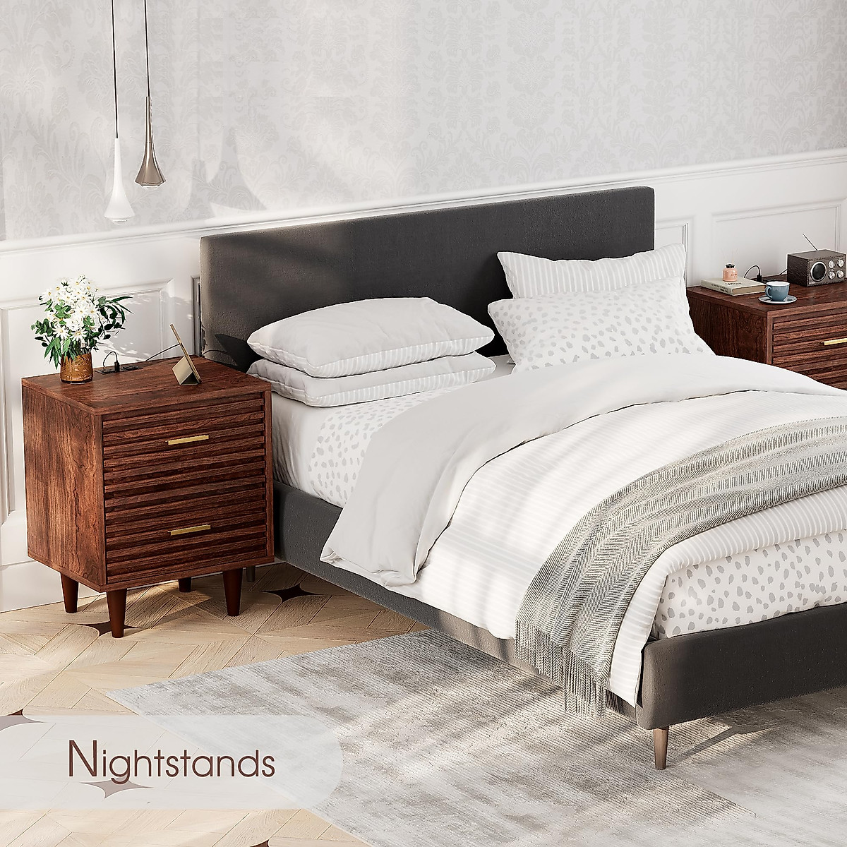 Night Stand with Charging Station Set of 2, Side Table with 2 Drawers, Mid Century Modern End Table with Storage, Bedside Table with USB Ports and Outlets, Nightstand for Bedroom, Brown 2PCS