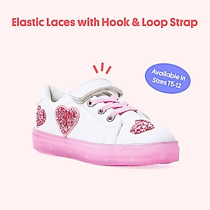 FabKids Girls Light Up Sneakers Glitter Heart White Shoes Low Top Lace Up Tennis Sneaker for Little Kid Size 2