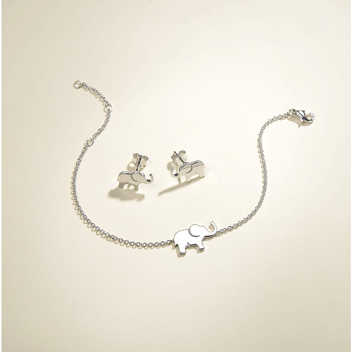 FANCIME Lucky Elephant Bracelet 925 Sterling Silver White Gold Plated Mini Small Elephant Charm Family Link Bracelet Jewelry Birthday Gifts For Women, 15+3 cm