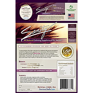 Sanity - Equine Behavioral Calming Focus Supplement for Horses - Magnesium, Calcium, Zinc, B Vitamins, Amino Acids, Probiotics, Thiamine, Folic Acid, Niacin, Peppermint