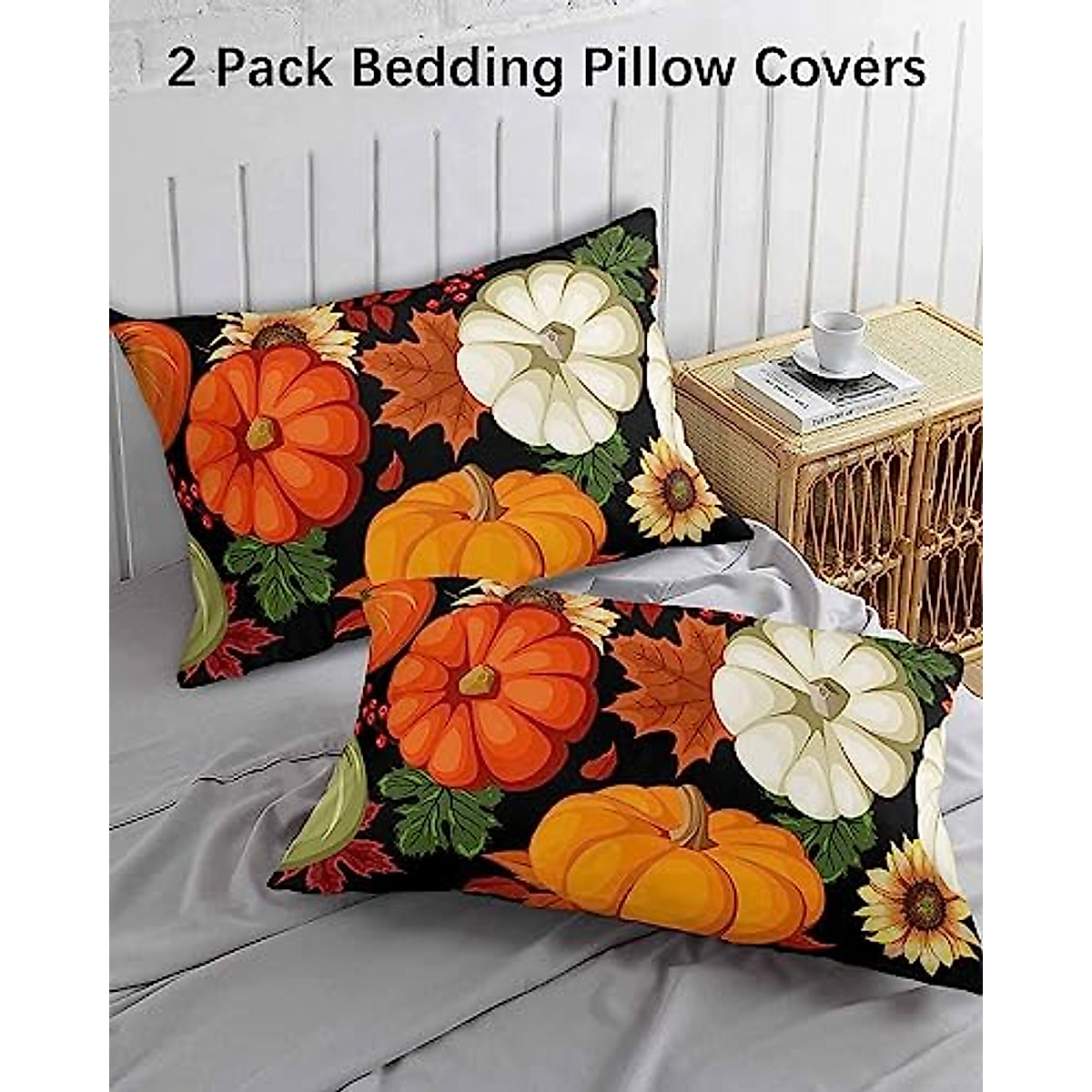 Edwiinsa Thanksgiving Pillow Covers King Standard Set of 2 Bed Pillow, Farmhouse Black Pumpkin Maple Leaves Plush Soft Comfort for Hair/Skin Cooling Pillowcases with Envelop Closure 20''x36''