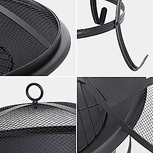 F2C 22" Fire Pit Outdoor Wood Burning BBQ Grill Steel Firepit with Mesh Spark Screen Cover Lid Log Grate Fire Poker for Patio Backyard Garden Camping Traveling Picnic Bonfire