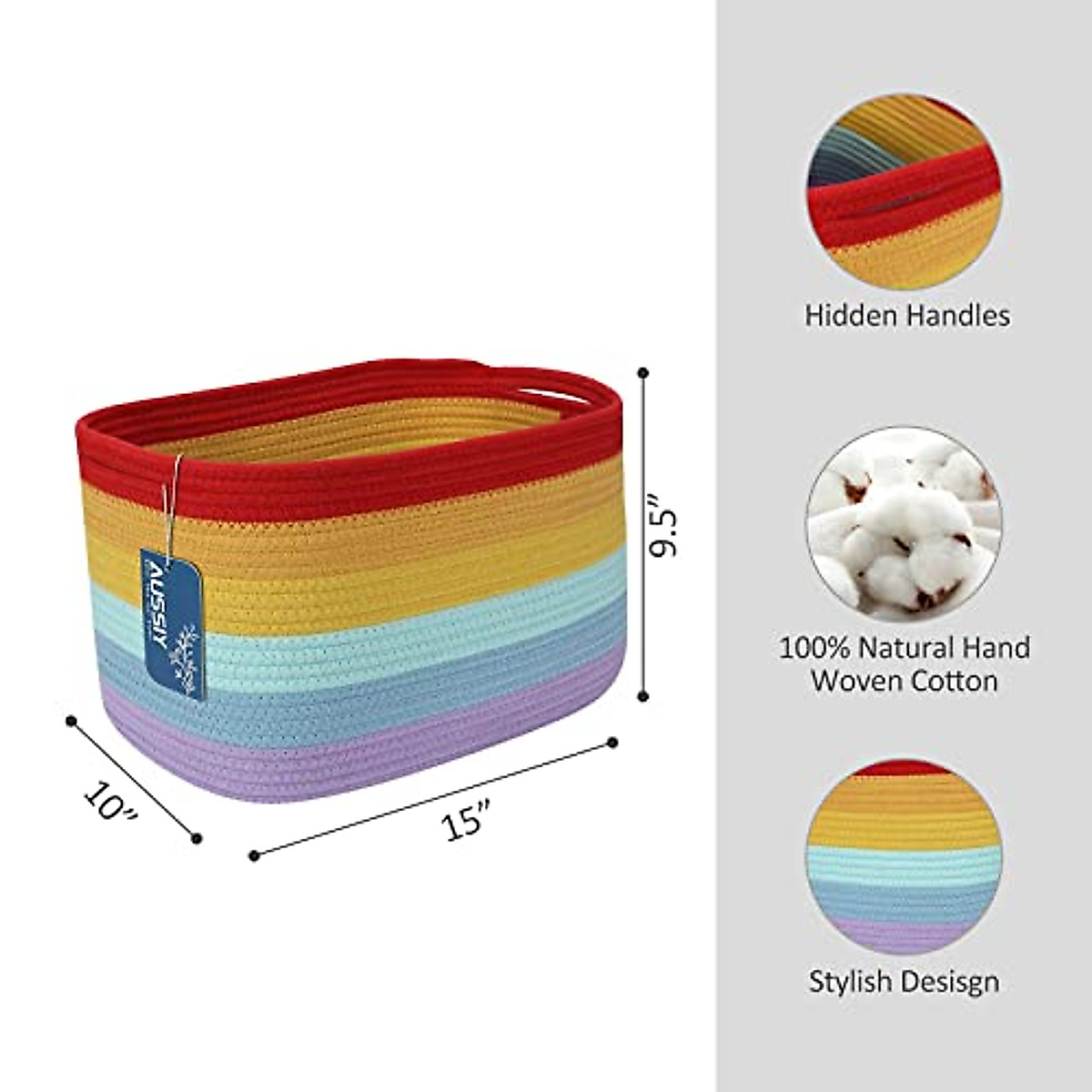 AUSSIY 1 Pack Rope Baskets for Storage Basket, Cotton Rope Woven Basket with Handles. Blanket Basket for Storing Clothes, Toys, Books, Shelves etc, 15''L x 10''W x 9.5''H, Rainbow Baskets