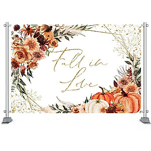 Mocsicka Fall in Love Bridal Shower Backdrop Boho Autumn Leaves Pumpkin Bride Shower Background Terracotta Flower Pampas Grass Wedding Party Banner Decoration (White, 7x5ft(82''x60''))
