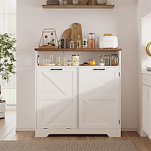 Tilt Out Trash Can Cabinet for 10 Gallon Trash Can, Farmhouse Kitchen Island Bin Cabinet with Adjustable Shelf for Hidden Laundry Basket, Dual Dog Proof Garbage Can for Dining Room, Living Room, White