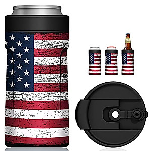 4-IN-1 Insulated Can Cooler with Lid - Newest Signice 12 Oz Stainless Steel Can Cooler Double Walled Vacuum Insulator for Skinny Tall Slim Can / Standard Regular Can / Beer Bottle (Flag)