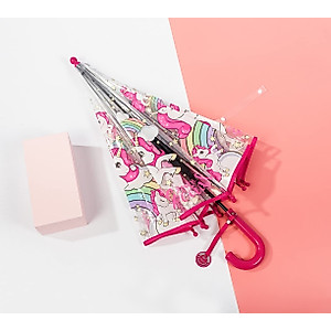 Wxjiahetai Kids Clear Bubble Umbrella Transparent Dome See Through Child Umbrellas for Rain Boys Girls with Pinch-Proof Closure and Easy-Grip Hook Handle(Clear Red Unicorn)