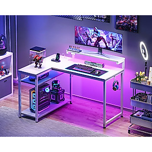 MOTPK White L Shaped Gaming Desk with Power Outlet, Reversible Computer Desk with Height Adjustable Monitor Stand, Coner Desk 43inch with LED Lights, Home Office Desk