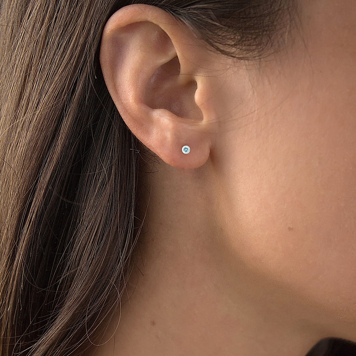 Solid 14K White Gold 4mm Round Natural Aquamarine March Birthstone Bezel Screw Back Stud Earrings