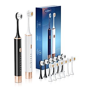 Aneebart Sonic Electric Toothbrush 2 Pack，Electric Toothbrush for Adults，Travel Electric Toothbrush Includes 12 Brush Heads，IPx8 Waterproof （Black & White ）