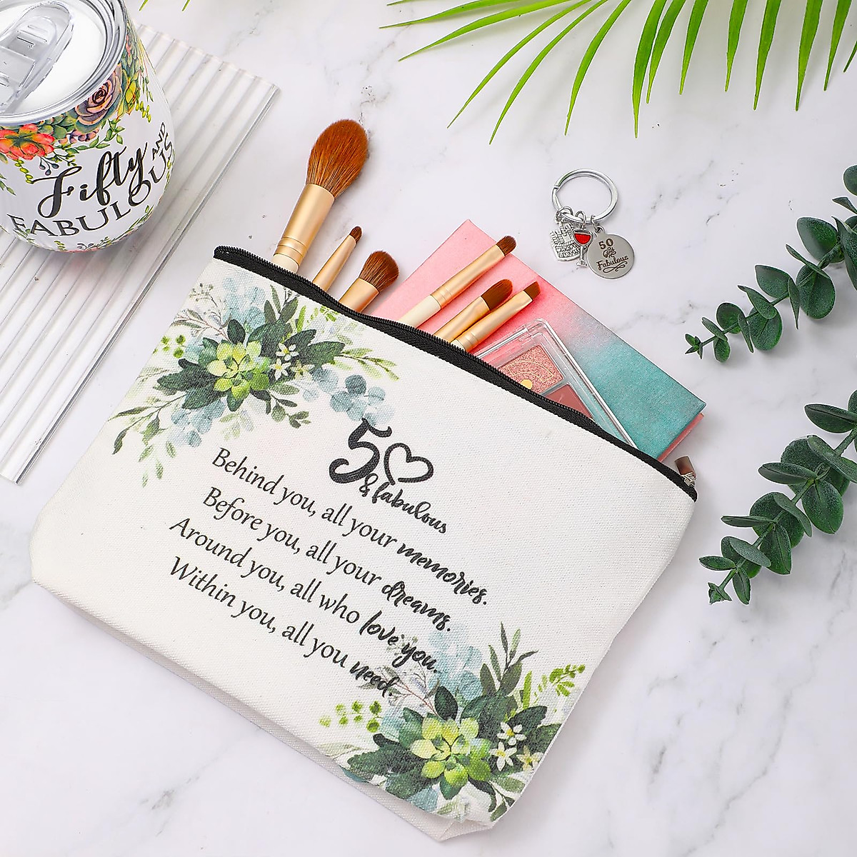 Irenare 50th Birthday Gifts for Women Fifty Fabulous Gifts for Her Happy 50th Birthday Gifts for Grandma Mom Sister Wife Aunt Friends Wine Glass Cosmetic Bag for Woman Birthday Gift(Fresh Style)