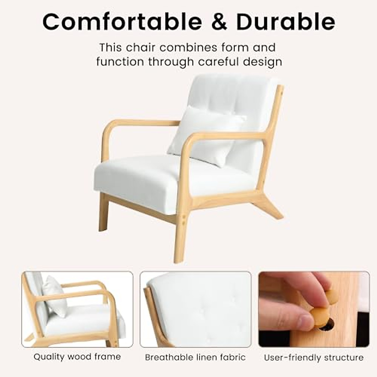 Unovivy Mid-Century Modern Accent, Upholstered Lounge Armchair with Wood Frame Thick Padded Backrest & Seat Cushion, Single Sofa Chair for Living, Bedroom, Reading Room, ‎30" Depth, Beige