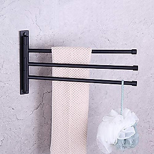GERZWY Bath Towel Holder Swing Out Towel Bar SUS 304 Stainless Steel Bathroom Hand Towel Rack 3-Bar Folding Arm Swivel Hanger Wall Mount Matte Black HYG03-BK