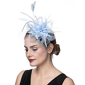 SAFERIN Fascinators Hat Flower Mesh Ribbons Feathers on a Headband and a Clip Tea Party Headwear for Girls and Women (Polyester, ST01-Light Blue)