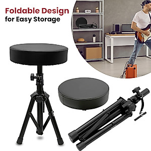 Pyle Padded Musician Stool-Drum/Guitar/Keyboard Performers Foldable Piano w/Height Adjustable Foot & Seat, Non-Slip Rubber Feet, Round Foam Cushion PKST54