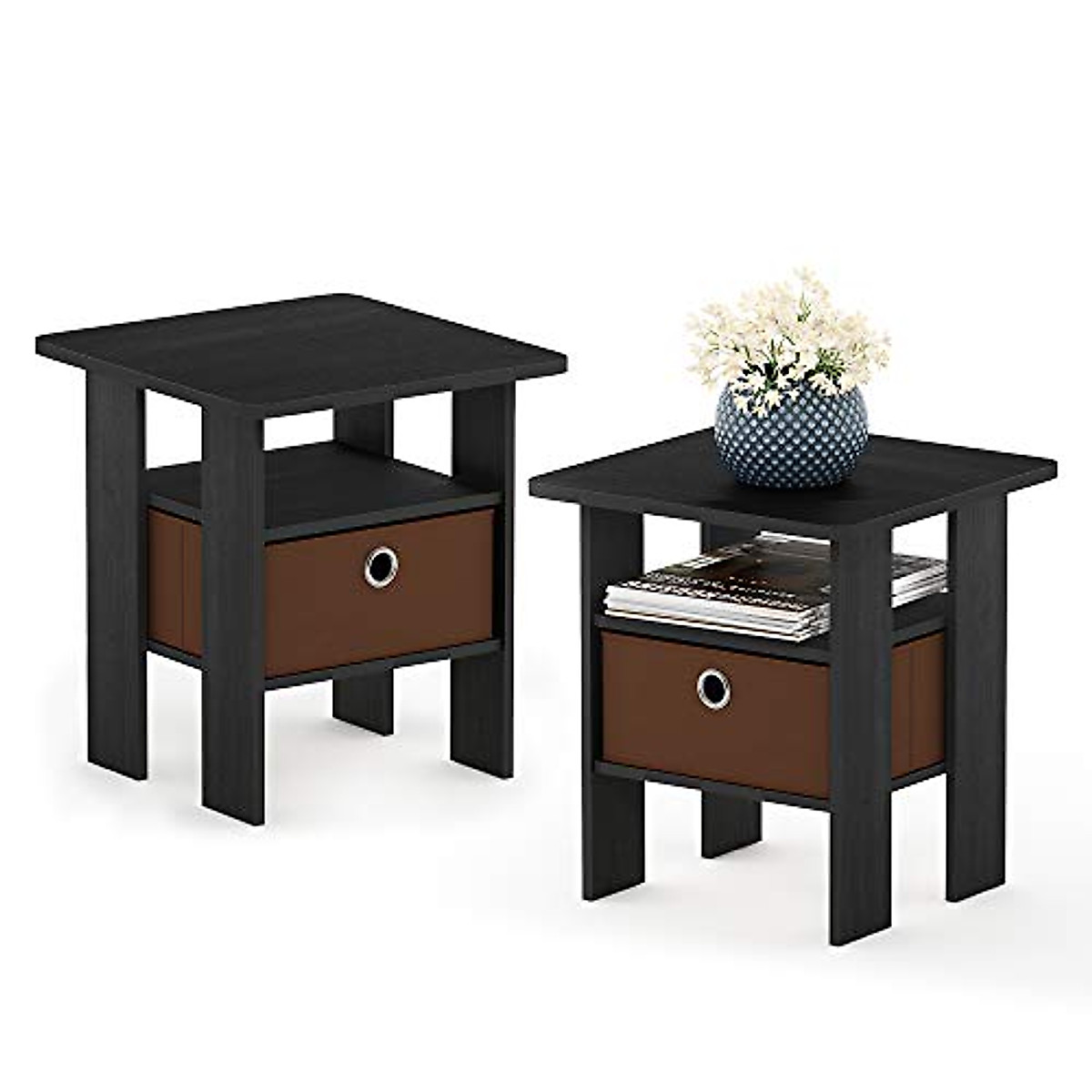 Furinno Andrey Set of 2 End Table / Side Table / Night Stand / Bedside Table with Bin Drawer, Americano/Medium Brown