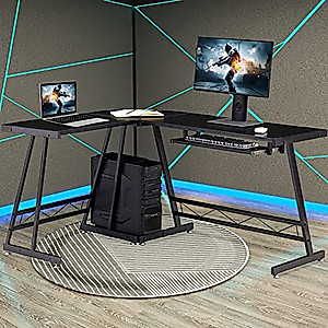 L-Shaped Computer Desk with CPU Stand Home Office Gaming Desk Writing Table Interchangeable Switch Board Computer Workstation PC Laptop Table with Keyboard Tray, Round Corner (Jet Black)