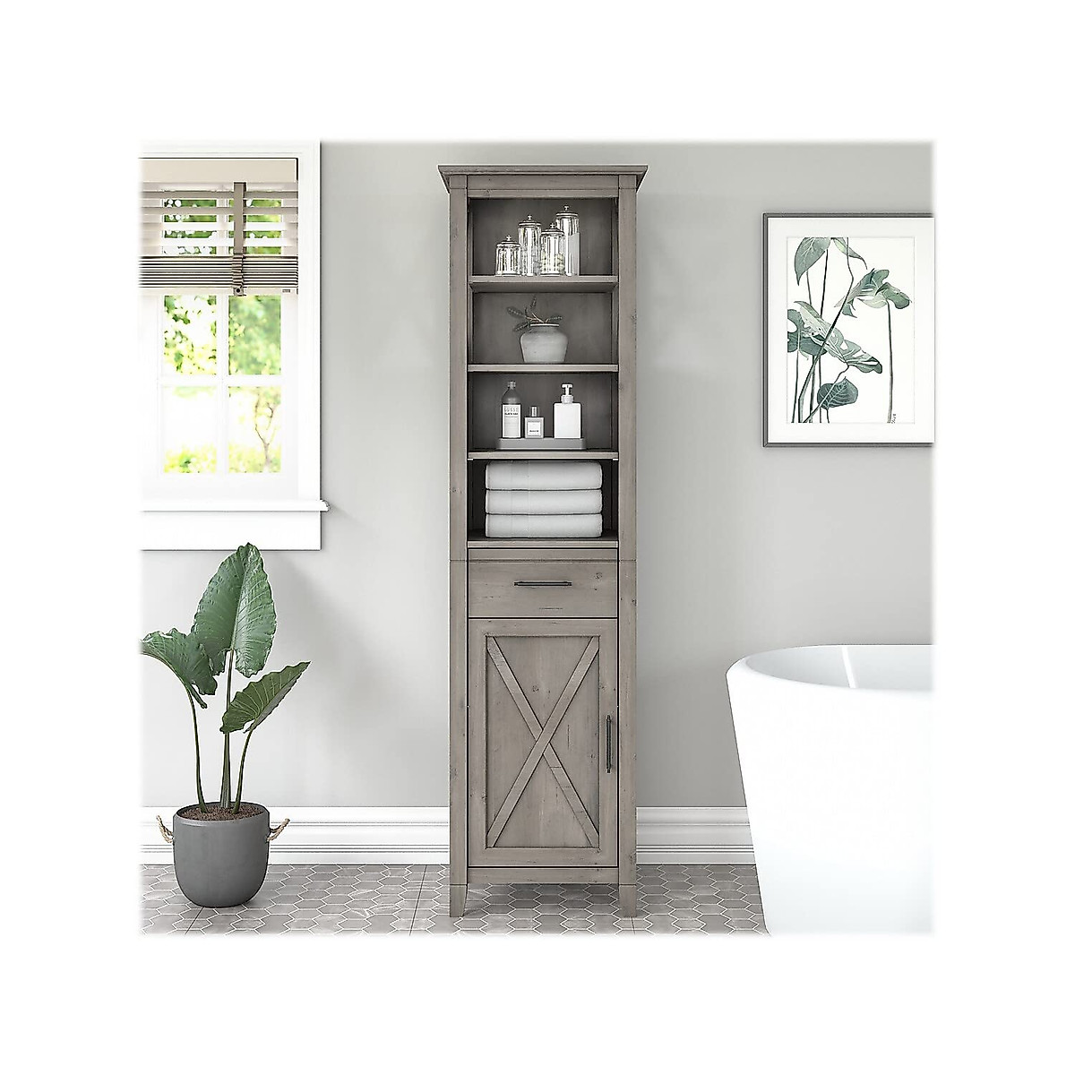 Bush Furniture Key West Bathroom Tall Narrow Bookcase Cabinet, Driftwood Gray