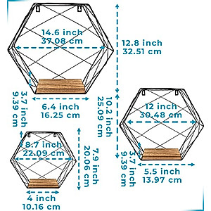 Comfify Industrial Wall Mounted Honeycomb Floating Shelves Set of 3 Decorative Hexagon Metal Wire Shelves – Large, Medium and Small - Modern Shelves for Home, Office and More - Rustic Brown
