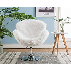 White Makeup Vanity Chair, Cute Furry Home Office Chair with Wheels Arms, Fluffy Swivel Accent Chair for Girls Bedroom Living Room,White Long Fur