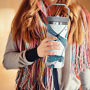 Dragonfly Tumbler with Handle and Straw, Stainless Steel Vacuum Insulated Flip Straw 30 oz Dragonfly Tumbler Spill Proof Coffee Travel Mug Dragonfly Gifts for Women